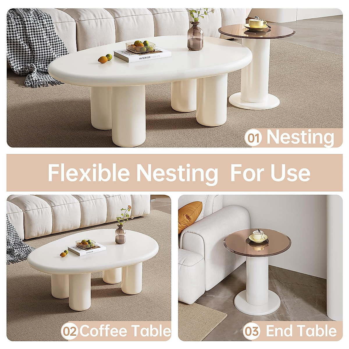 Guyii Nesting Coffee Table Set with 2 Stools, Combination Center Table with Irregular Coffee Table and Round Glass End Table, Modern Side Table for Living Room, Small Spaces, Easy to Assemble