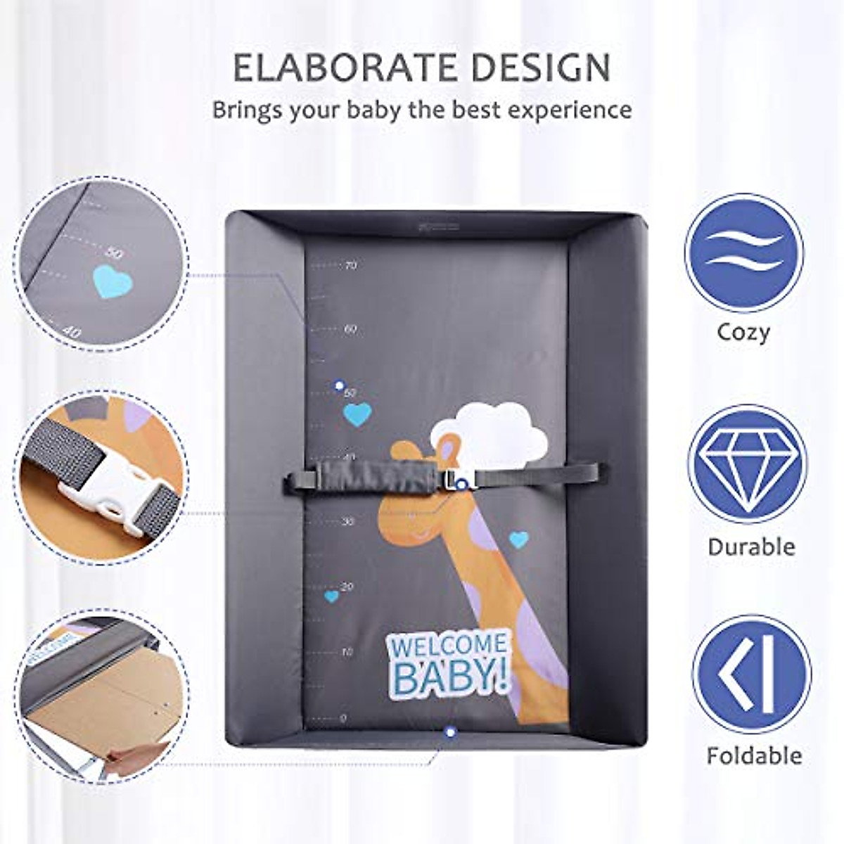 EGREE Baby Changing Table Portable Folding Diaper Changing Station with Wheels, Adjustable Height Mobile Nursery Organizer with Safety Belt and Large Storage Racks for Newborn Baby and Infant, Gray