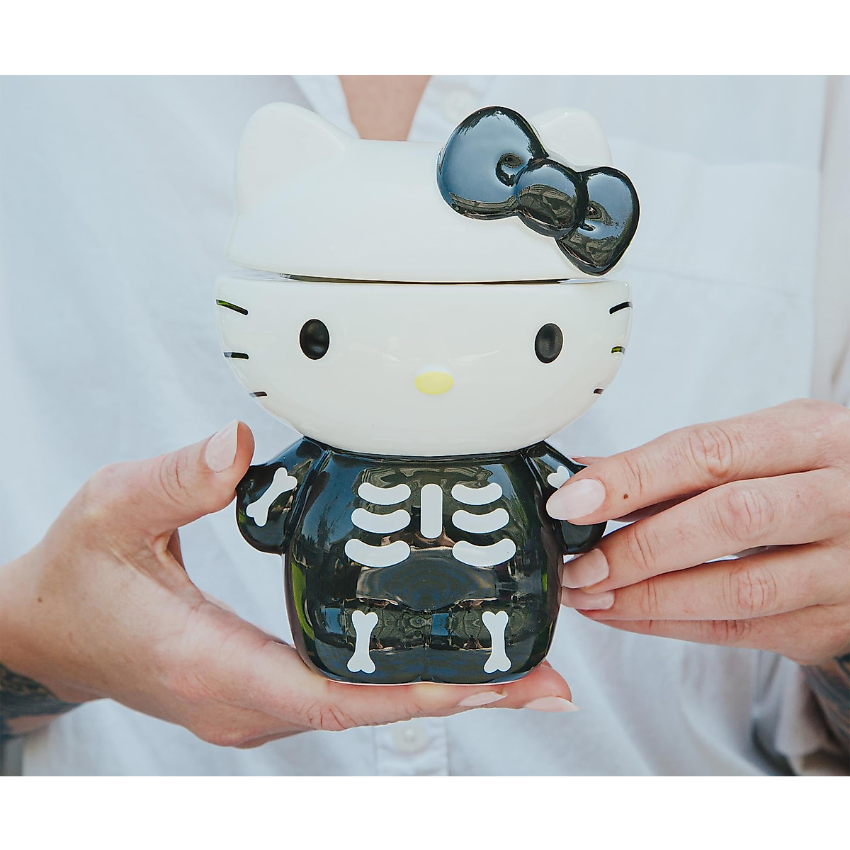 Sanrio Hello Kitty Skeleton Small Ceramic Snack Jar Container With Lid | Storage For Kick-Knacks | 6 Inches Tall