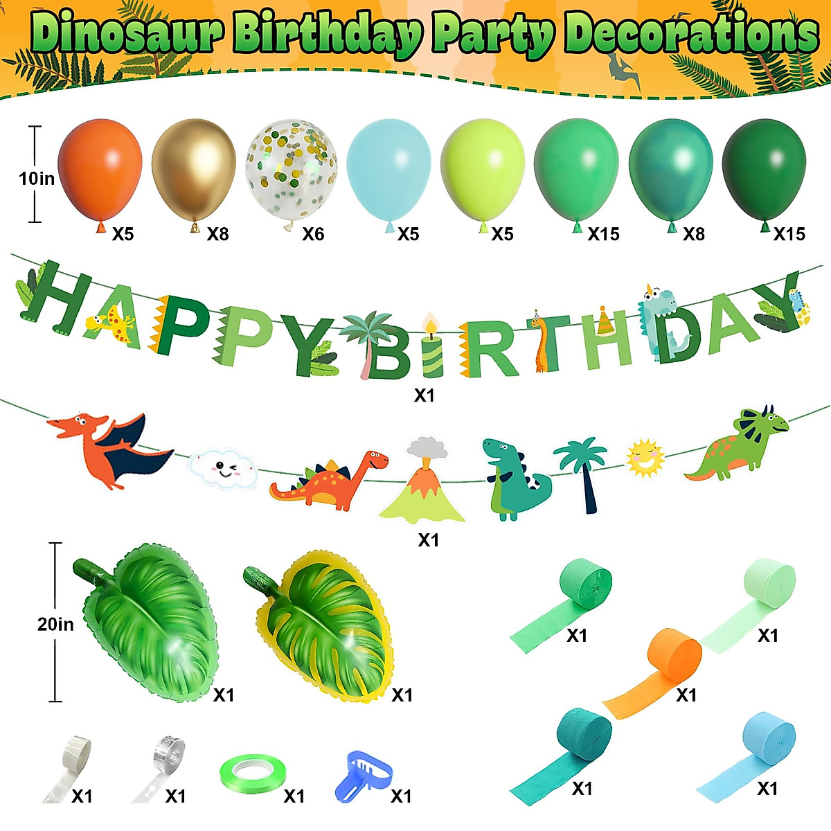 Dinosaur Birthday Party Decorations Supplies Happy Birthday Banner Crepe Paper Green Orange Blue Gold Dino Foil Balloons Garland Arch Kit for Jungle Safari Dinosaur Themed Baby Shower Party Boys Kids