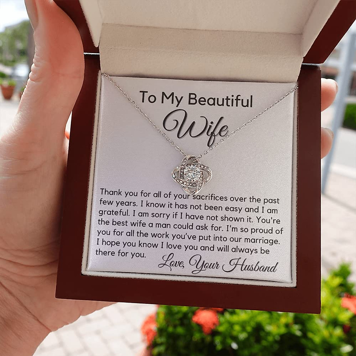 Wife Love Knot Necklace - Wife Birthday Gift Ideas, Womens Jewelry Gifts For Wife Romantic To My Beautiful Soulmate Necklace Mothers Day Gifts, My Lovely Wife Best Wife Valentine's Day Gifts, Christmas Gifts, Xmas Mahogany Style Luxury Box (w/LED)