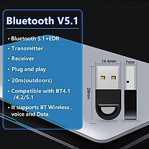 USB Bluetooth 5.1 Adapter for PC, Wireless Bluetooth Dongle Transmitter Receiver, Driver-Free, for Desktop,Laptop,Keyboard,Mouse,Headset,Speaker,Printer, Plug&Play