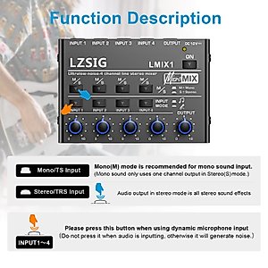 LZSIG Mini Audio Mixer,Stereo Line Mixer for Sub-Mixing,Ultra Low-Noise,4-Channel,Dynamic Microphone Independent Control, 1/4" & 1/8" TRS Output and Input,for Guitars,Bass,Keyboards (Small(4-Channel))