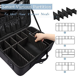 gzcz Large Capacity Travel Makeup Train Case 16.5 Inches Professional Makeup Cosmetic Case Portable Artist Cosmetics Brushs Organizer Storage Bag With Adjustable Dividers And Shoulder Strap (Black)