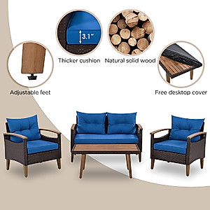 Hlcodca 4 Piece Wicker Patio Conversation Furniture Set,PE Rattan Patio Seating Set with Acacia Wood Tabletop and Legs, Outdoor Sofa Set for Balcony, Porch, Backyard (Brown and Blue/)