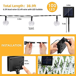 Solar powered Outdoor String Lights Globe – Waterproof Crystal Ball solar String Lights 8 Modes with 100LED 39FT – Good Ideal for Garden Yard Home Party Wedding Christmas Decoration (Warm White)