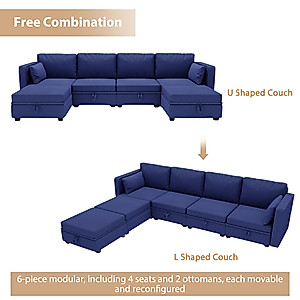 Tmsan 110.2" U Shaped Sectional Sofa Couch, Convertible Modular Sectional Sofa 6 Seat Oversized Modern Fabric Couch with Storage Seat for Living Room Apartment Office (Navy Blue)