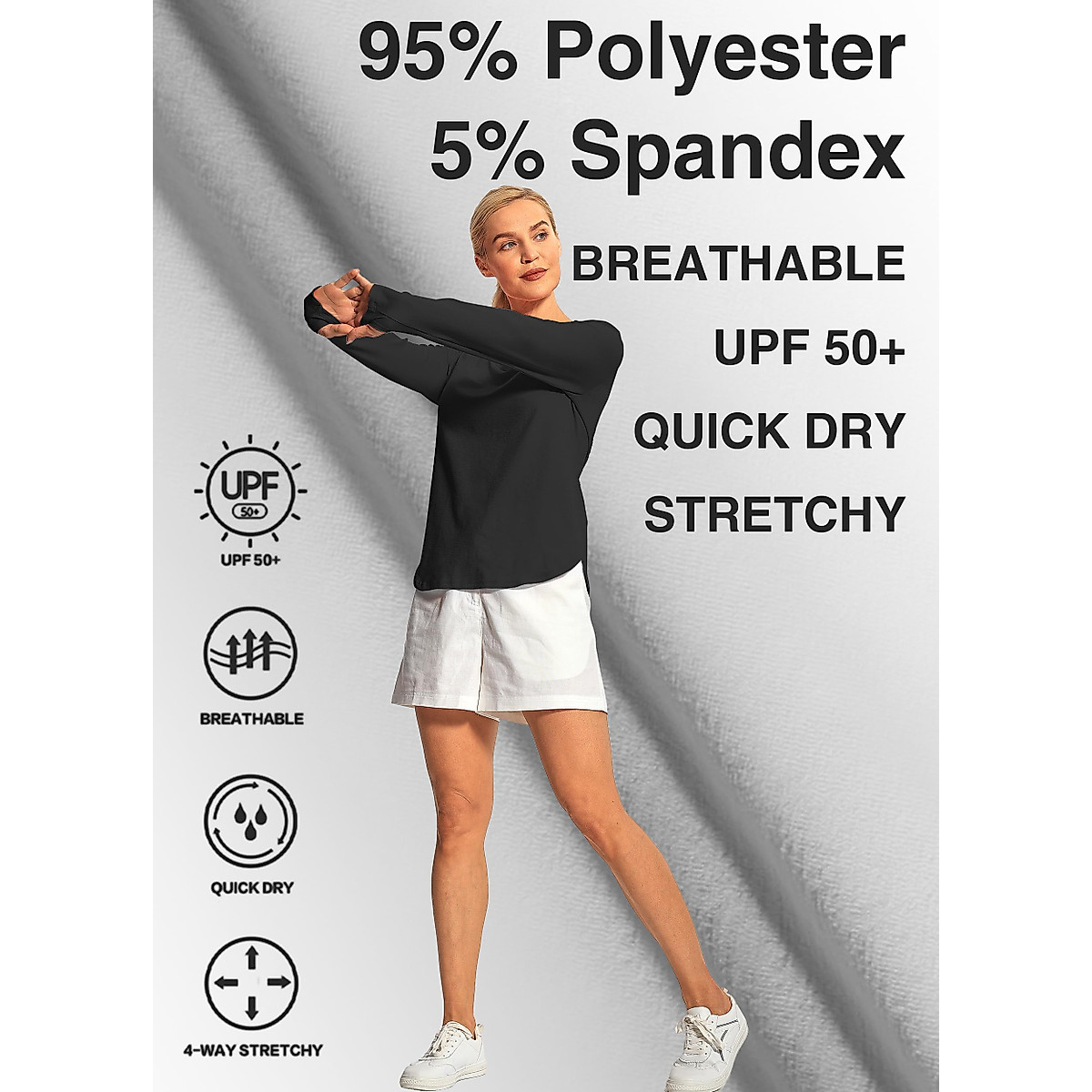 Hiverlay Long Sleeve Workout Shirts for Women V Neck UPF 50+ Athletic Shirts with Thumbhole Running Loose Active T-Shirts Black l