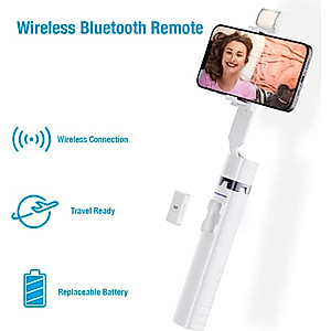 Fugetek 40'' Quadrapod Lighted Selfie Stick Stand, Lightweight 7oz, Wireless Bluetooth Remote, Patented Ultra Stable 4 Legs, 3 Onboard Light Modes, Compatible with iPhone & Android (White)