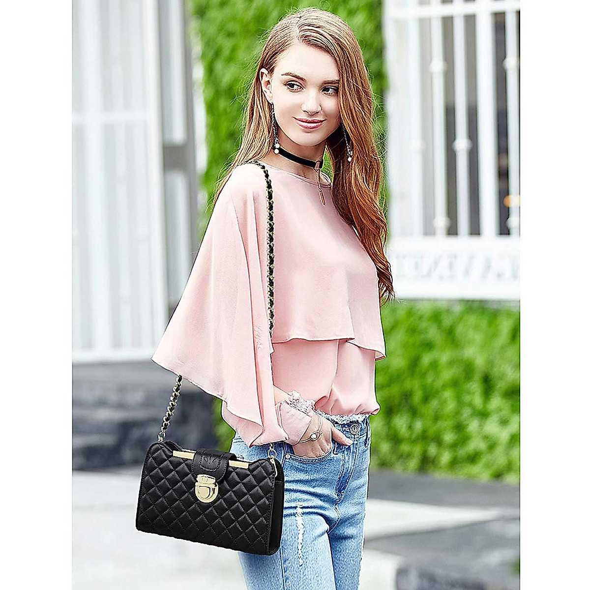 Glamorstar Gold Purse Chain Strap Vintage Woven Leather Replacement Chain Straps for Crossbody Bags Shoulder Handbag Satchels Wallets Black 120cm/47in