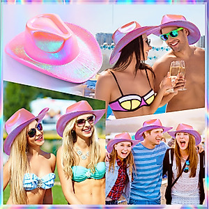 Geyoga 6 Pcs Holographic Pink Cowboy Hats Neon Sparkly Space Cowgirl Hats Glitter Cowboy Hats for Women Disco Party Costume
