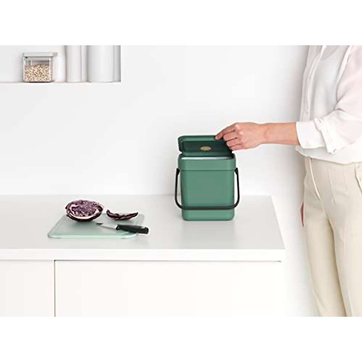 Brabantia Sort & Go Food Trash Can (0.8 Gal/Fir Green) Small Countertop Kitchen Compost Caddy with Handle & Removable Lid, Easy Clean