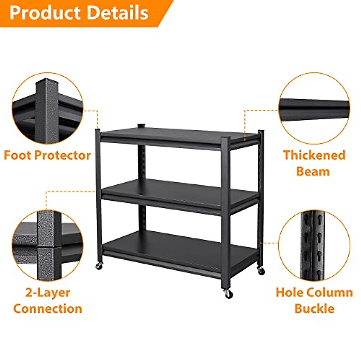 LISSIMO Heavy Duty Storage Shelving with Wheels,3-Tier Metal Garage Shelves for Storage, Adjustable Shelving Unit for Commercial Warehouse Basement Storage Rack(18" D x 34" W x 31.5" H)