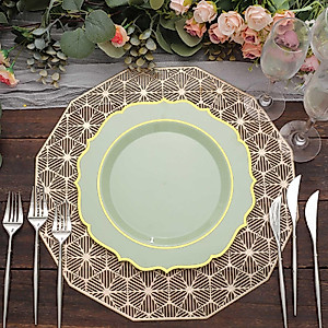Efavormart 10 Pack | 10" Sage Green Plastic Dinner Plates Disposable Tableware Round With Gold Scalloped Rim for Wedding, Outdoor Receptions, Banquets, Holiday Dining