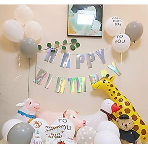 CareCheer Pre-Strung Happy Birthday Sign - NO DIY - Holographic Hanging Banner Iridescent White Bunting String Flag Garland for Party Decorations