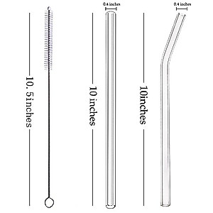 ALINK Glass Smoothie Straws, 10" x 10 mm Long Reusable Clear Drinking Straws, Pack of 8 with 2 Cleaning Brush,