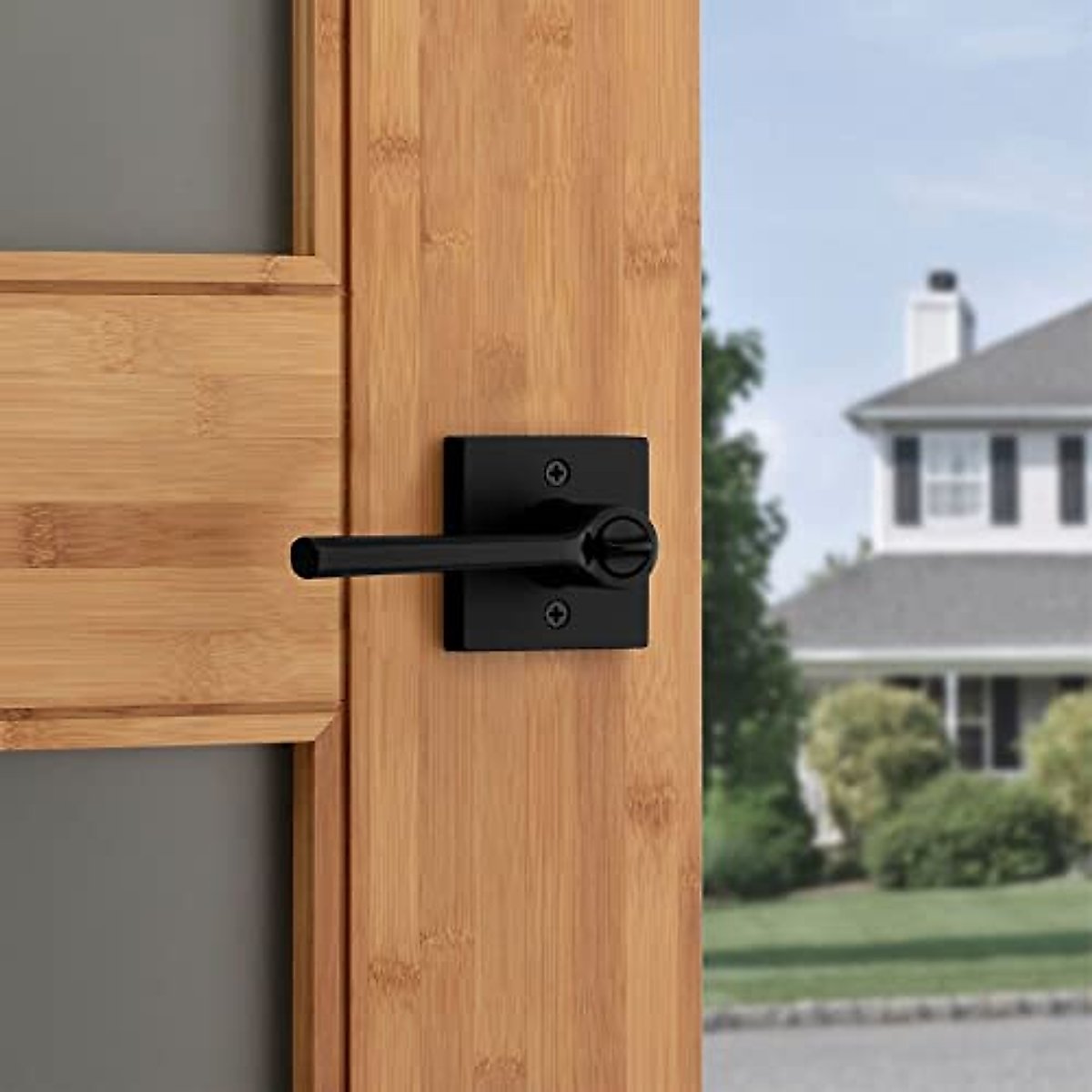 Kwikset Lisbon Keyed Entry Lever with Square Rose Featuring SmartKey Security in Matte Black