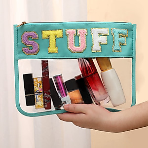 BCRMPT Chenille Letter Bag Clear Flat Pouch,Multi-purpose PVC&Nylon Clear Cosmetic Bags,Travel Makeup Bag With Zipper For Women,Clear Pouches for Travel,Gym,Beach (Green-Stuff)