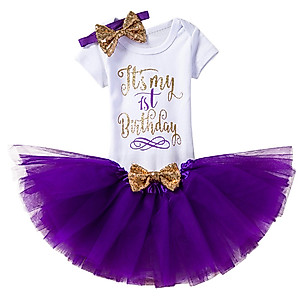 Baby Girl Its My 1st/2nd Birthday Cake Smash 3/4Pcs Shinny Sequin Bow Romper+Tutu Skirt+Headband+Leg Warmer Outfit, 3pcs 1st Birthday Purple (1 Year), One Size