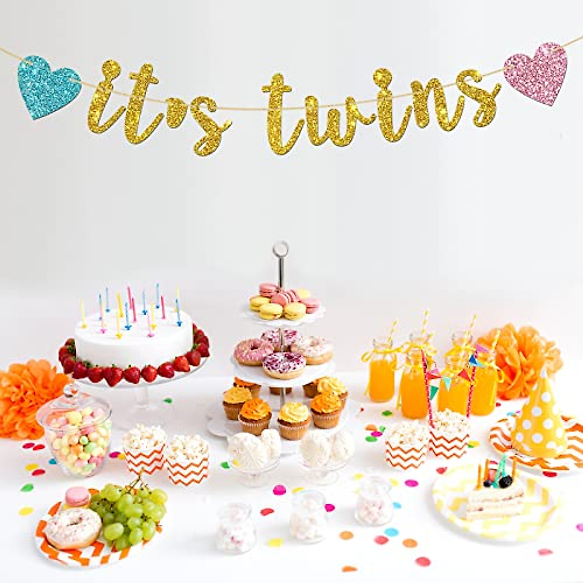 It's Twins Banner - Gold Glitter Baby Shower Bunting Gender Reveal Party for Babies Twin Decorations Supplies