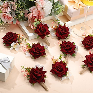 Sherr 40 Pcs Rose Wrist Corsage and Boutonniere Set Wedding Corsage Wristlet Bride Bridesmaids Groom Groomsmen Flowers Accessories Prom Party Suit Decorations for Ceremony Wedding Decor Dinner, Red