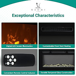 Alice 50" Electric Fireplace Inserts Recessed, Wall Mounted Fireplace LED Fireplace with 12 Flame Colors, Touch Screen, Remote Control, Timer, Carbon & Crystal Stones 500W/1500W - 50 inches