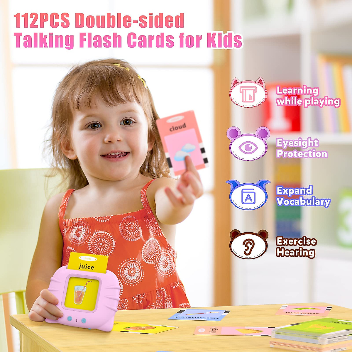 FISHOAKY Talking Flash Cards Educational Toys for 2 3 4 5 6 Year Old Boys Girls, Learning Toys, 112 Audible Baby Flash Cards 224 Words, Preschool Learning Toys Birthday Gift for Kids, Pink