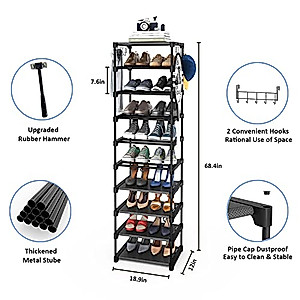 Plzlove Narrow Shoe Rack for Entryway 10 Tiers, Tall Vertical Shoe Organizer 21-24 Pairs Black Large Metal Shoe Shelf, Stackable DIY Corner Shoe Stand Tower for Closets and Small Place with Hooks