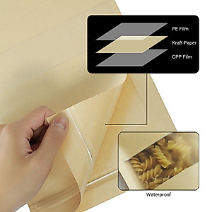 100 Packs Kraft Stand Up Paper Bags with Window(10" x 7") Resealable Bags for Small Business, Food, Sealable Treat Bags for Packaging,Snacks,Candy,Cornmeal,Coffee