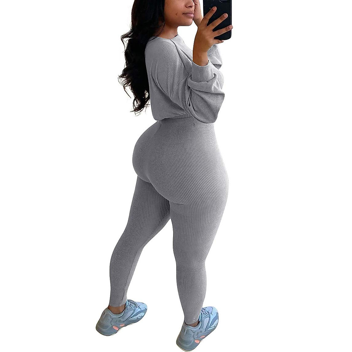 Annystore Women Casual 2 Piece Tracksuit Outfit Ribbed Pullover Crop Tops High Waisted Long Pants Jogger Sets Sweatsuit Grey M