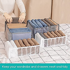 BHLVXCC Wardrobe Clothes Organizer 4 Pack Clothes Drawer Organizer for Jeans Shirts Organizers Closet Organizer With 7 Grids Drawer Organizers Clothes for Jeans T-shirts Bra Clothing Sweater