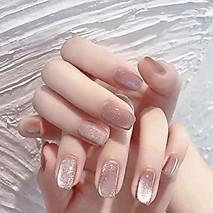 Press on Nails Cat Eye Effect Glossy Full Cover Short Almond False Nails for Women and Girls,24 Pcs Acrylic Nail Tips with Adhesive Tabs