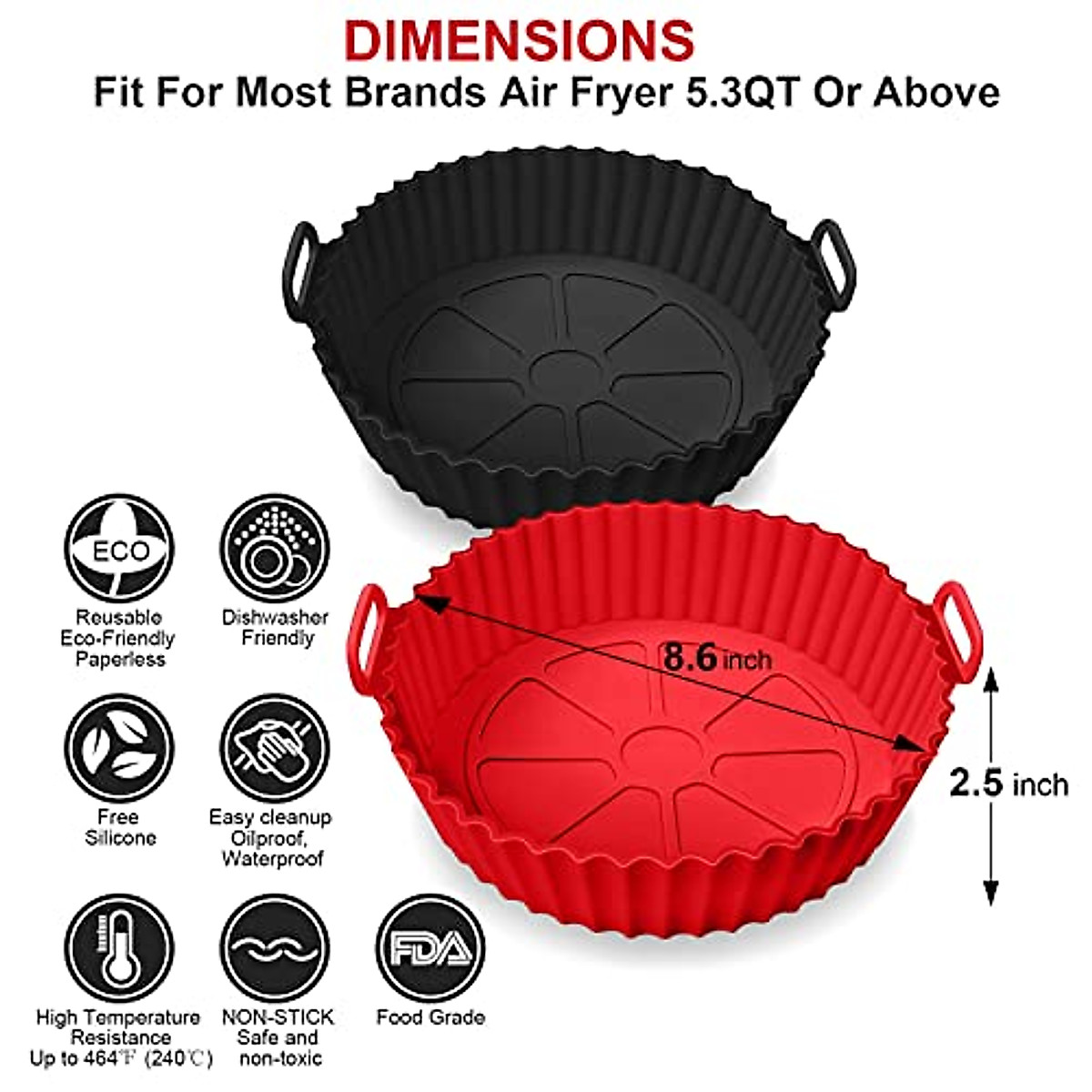 Air Fryer Silicone Pot, 2Pcs 8.6'' Air Fryer Silicone Liners Food Safe Non Stick Air fryer Basket Oven Accessories, Reusable Replacement of Parchment Liner Paper Fits 5.3QT or Bigger Air Fryer