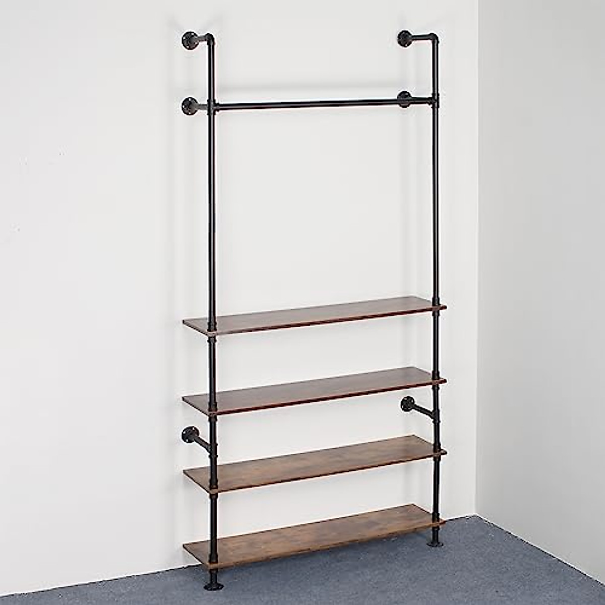 OUBITO Industrial Pipe Clothing Rack,Commercial Grade Pipe Clothes Racks,Heavy Duty Wall Mounted Closet Storage Rack,Hanging Clothes Retail Display Rack Garment rack,Black 4 Board