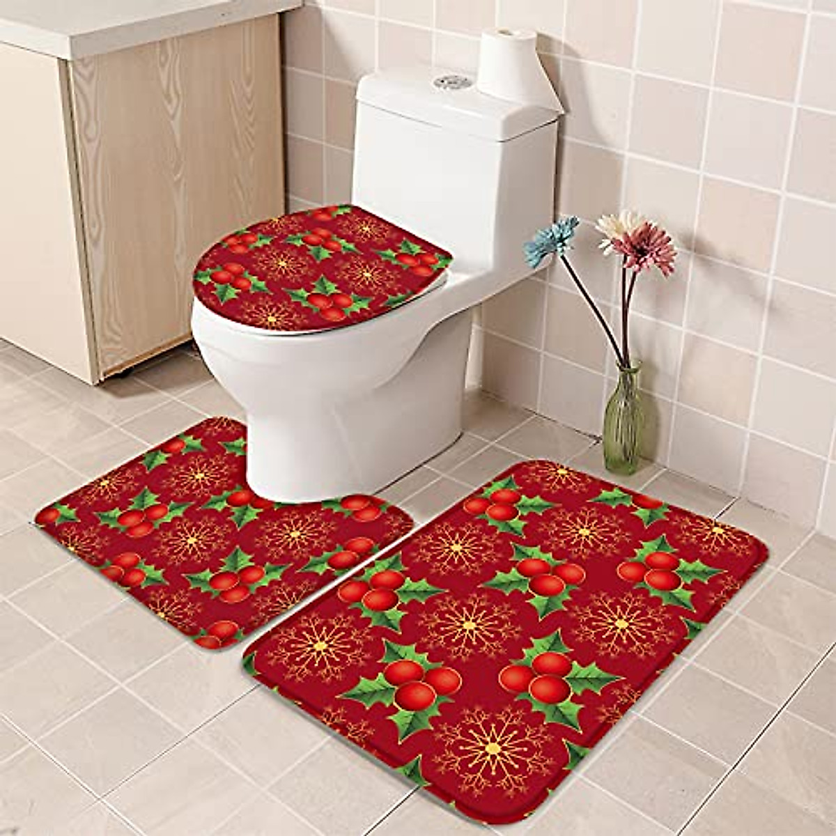 Bathroom Rugs, Memory Foam Bath Mat Bathroom Set, Plant and Snowflake Christmas Theme Red Bath Rugs Bathroom Accessories, Home Decor Non-Slip Absorbent Soft Bath Mats for Bathroom, Tub, 3 Pieces