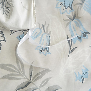 ENJOYBRIDAL Floral Botanical Duvet Cover Queen 100% Cotton Soft Bedding Set Queen Garden Style Grey Leaves and Blue Flowers 3 Pieces Vintage Aesthetic Lightweight Duvet Cover Set, No Comforter