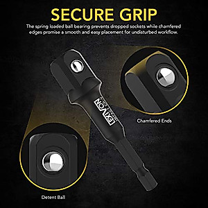 LEXIVON Impact Socket Adapter & Magnetic Bit Holder Set | 4 Pieces of 1/4-Inch Hex Shank Extension to 1/4", 3/8", and 1/2" Drive | Includes Organizer Rack (LX-104)