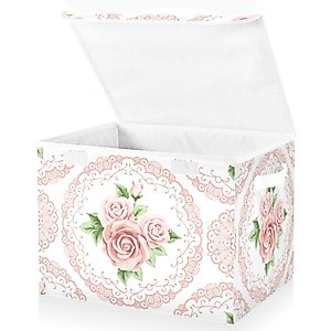 SUABO Pink Rose Storage Bin with Lid Large Oxford Cloth Storage Boxes Foldable Home Cube Baskets Closet Organizers for Nursery Bedroom Office