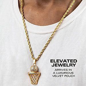 Steeltime Basketball Necklace for Boys - 24-Inch Basketball Chain for Boys with Hoop Pendant & Simulated Diamonds, 18K Plated Solid Stainless Steel, For Sensitive Skin, Includes Velvet Pouch - Gold