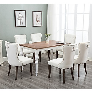 LZ LEISURE ZONE Dining Chairs Set of 6, Cream Upholstered Accent Chair Button Tufted Armless Chair with Nailhead Trim and Back Ring Pull