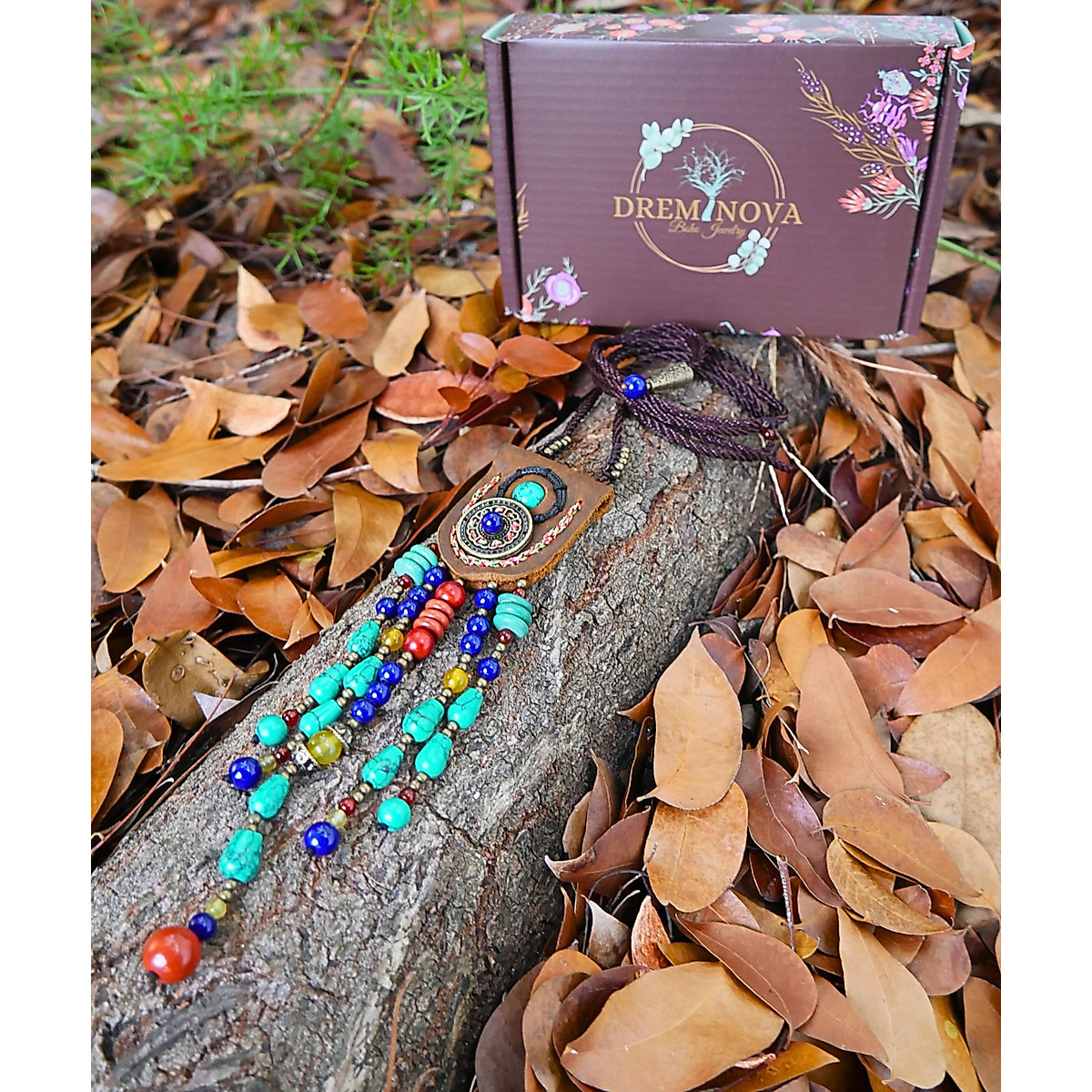 DREMINOVA Turquoise Beads Bohemian Boho Necklace Extra Long Cowboy Western Lethaer Adjustable Statetment Trendy Women’s Jewelry (Artistic Ethnic)