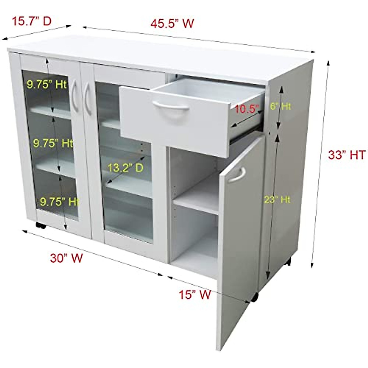 Kings Brand Furniture Buffet Server Sideboard Kitchen Storage Cabinet, White, 45.5" W x 15" D x 33" H