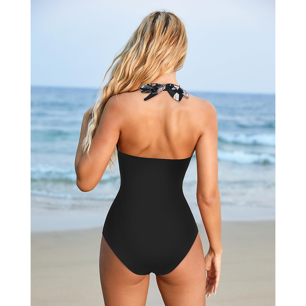 SUUKSESS Women Sexy Tummy Control One Piece Swimsuits Halter Push Up Monokini Bathing Suits (Retro Floral Black, XL)