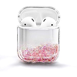 NZND Glitter Liquid Case Compatiable with Apple AirPods 1/2, Sparkle Flowing Floating Durable Girls Women Kids Cute Clear Hard Cover Carrying Case -Rose Gold