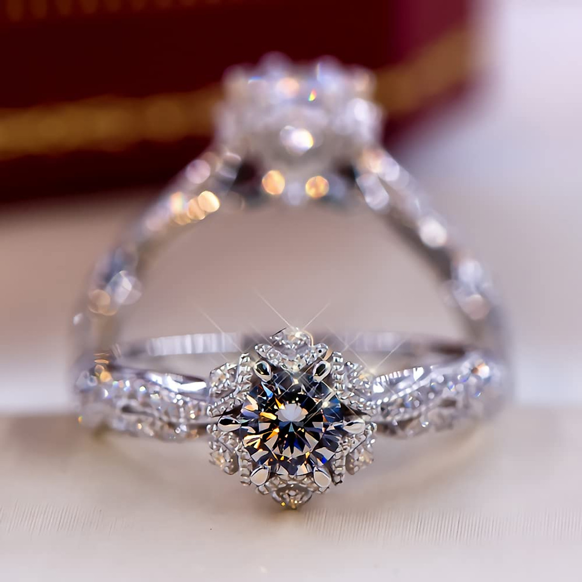 JESMING 925 Sterling Silver Plated Diamond Ring Hollow Out Flower Ring Cz Simulated Diamond Star Ring Crystal Rings Delicate Everyday Ring for Women (Silver, 7)