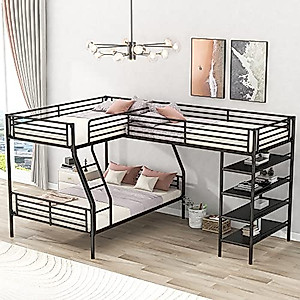 YuiHome L Shaped Bunk Bed for 3, Metal Triple Bunk Bed, Heavy-Duty Steel Frame Twin Over Full Bunk Bed and Twin Size Loft Bed with Four Built-in Shelves for Bedroom, Dorm, Boys, Girls, Adults,Black