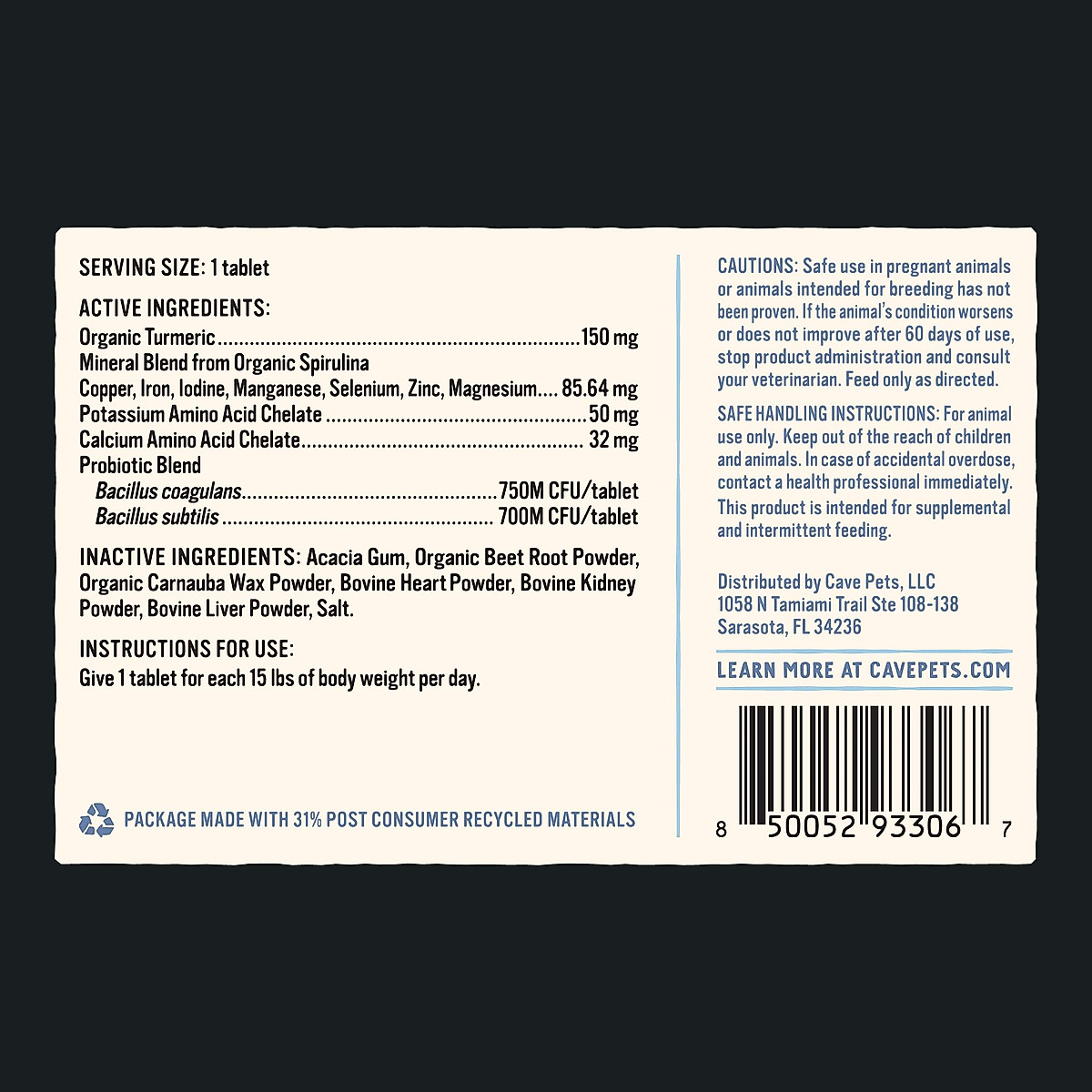 Cave Pets, Super Chomp Tablets, Dog Probiotic Supplement for Digestive Health and Microbiome Support, Multi-Glandular & Turmeric, 60 Tablets