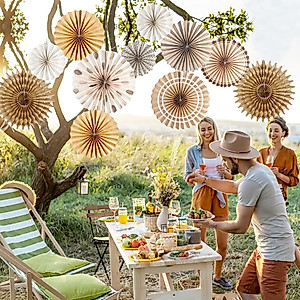 Easy Joy Boho Hanging Paper Fans White Brown Champagne Party Decorations Neutral Rustic Paper Fans Classroom Decoration for Baby Shower Birthday Wedding Bridal Party