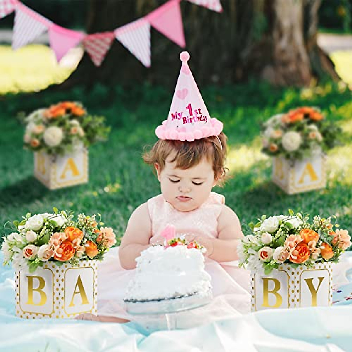 4 PCS Gold Flower Baby Shower Boxes Decor Table Floral Centerpieces Boxes for Gender Reveal Decoration Bronzing Flower Block Holder with Baby Letters Girls Boys Birthday Party Arrangement Favor