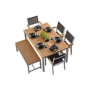 Oxford Garden 6 Piece Travira Powder Coated Aluminum with Natural Tekwood & Black Sling Seats Dining Set